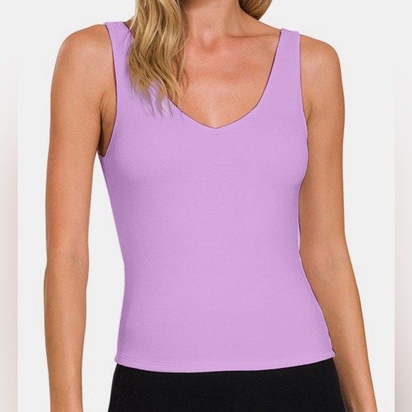 Zenana Outfitters | Tops | New Zenana Sabrina Lavender Purple Basic Vneck Wide Strap Slim Fit ...